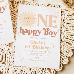 One Happy Boy Birthday Invite, Sunshine Birthday Invitation, Sun Boy ...