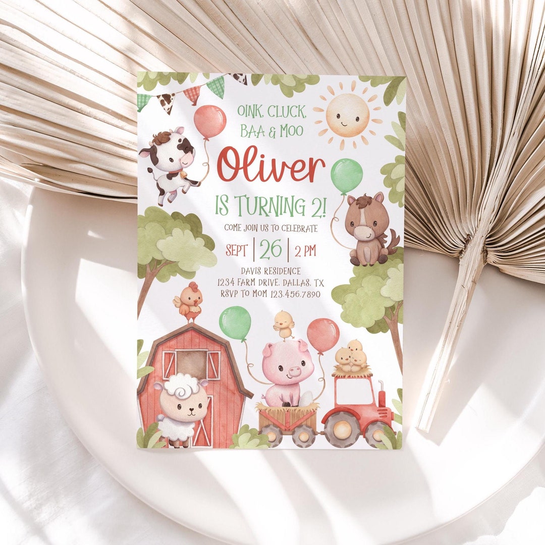 Farm Animal Birthday Invitation Template, Farm 2nd Birthday Invite Boys ...