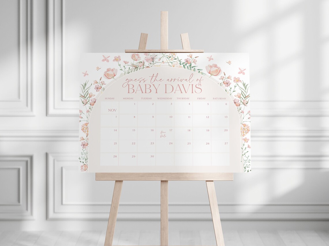 Floral Baby Shower Due Date Calendar, Birth Date Sign, Baby Arrival ...