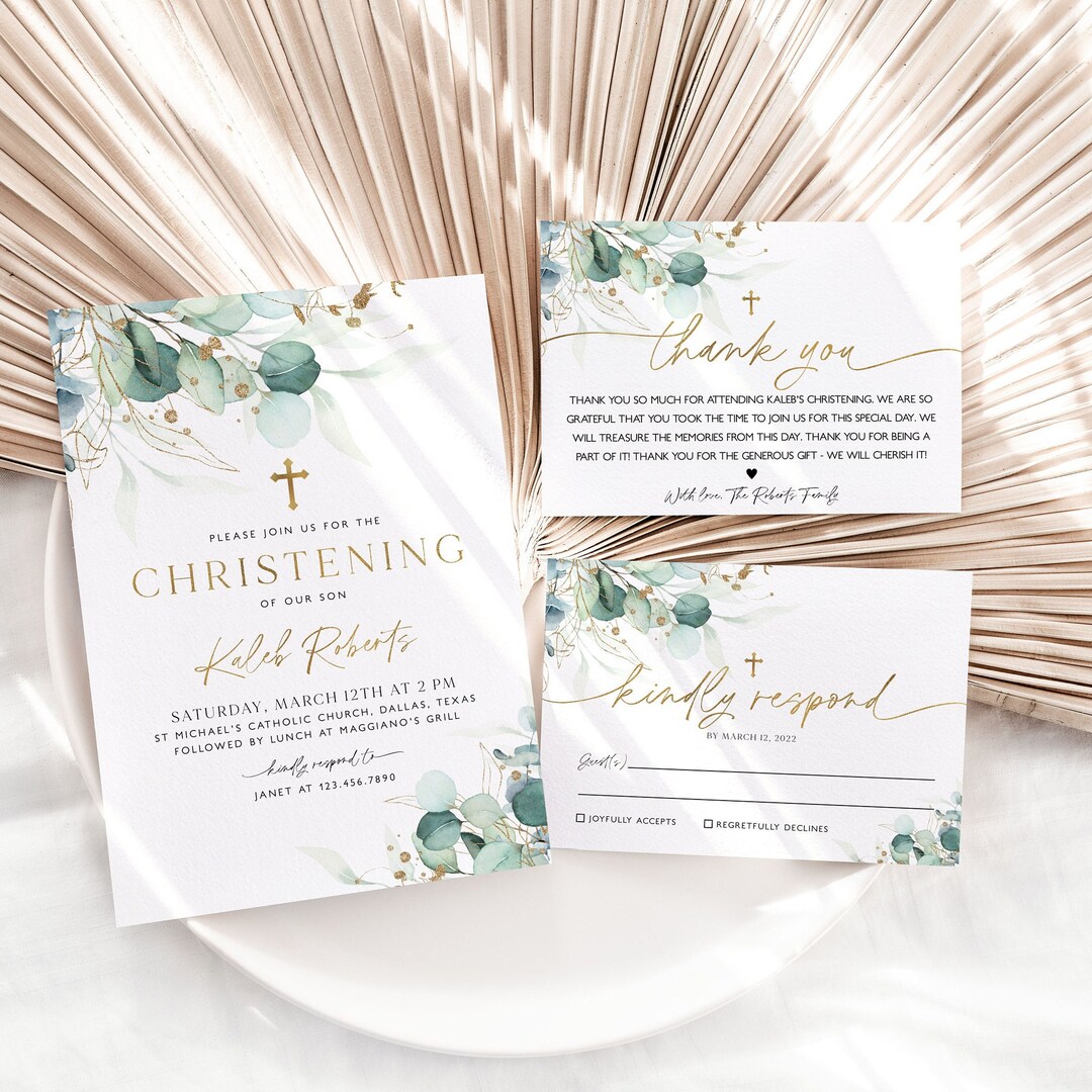 Christening Invitation Set, Baptism Invitation Template, Eucalyptus and ...
