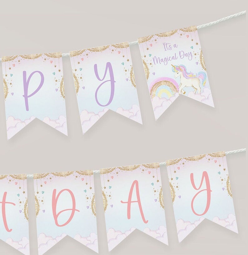 Unicorn Happy Birthday Banner, Pastel Unicorn and Rainbow Happy ...
