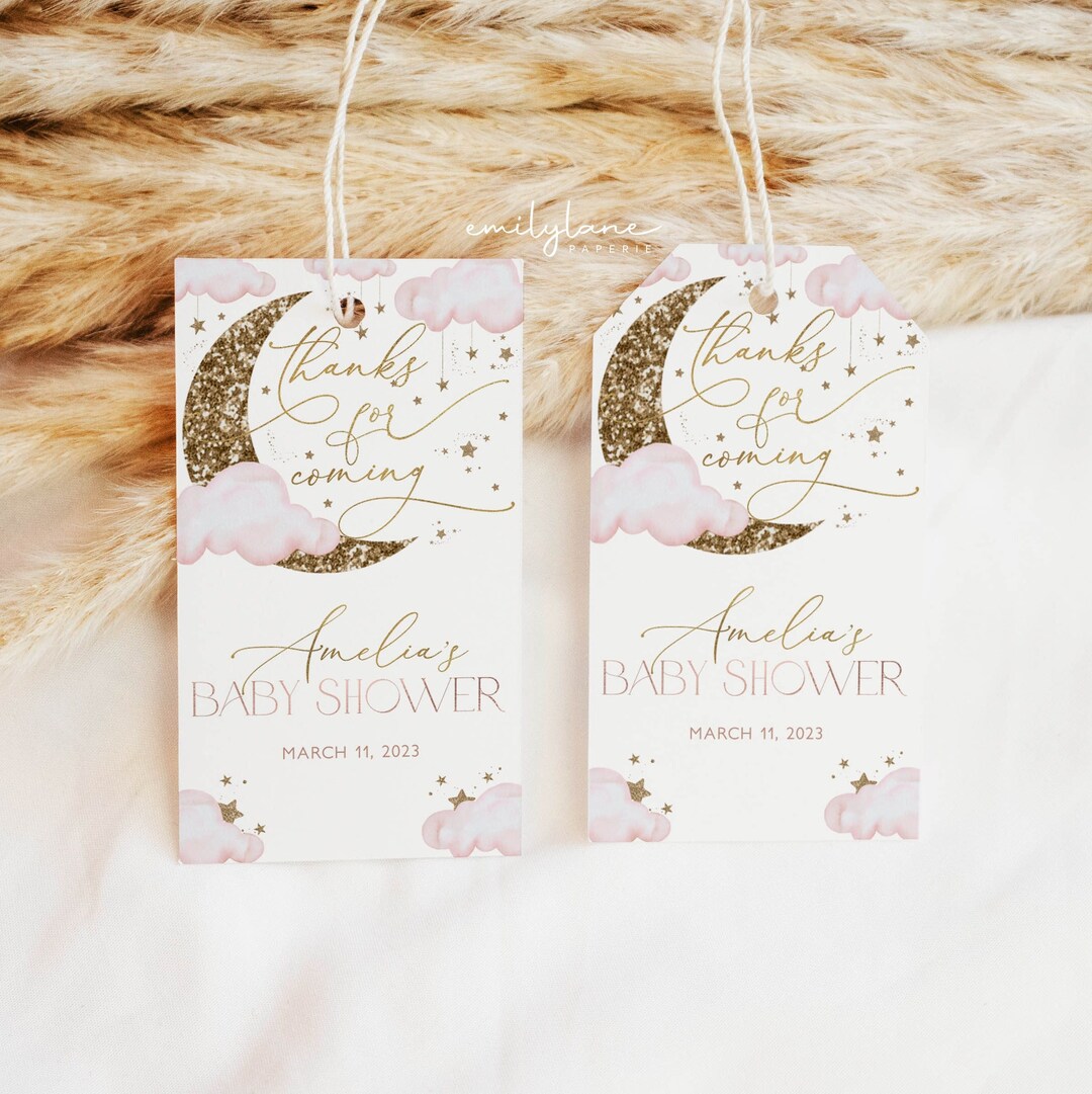 Moon Stars Baby Shower Favor Tag, Pink Moon Stars Thank You Tag, Girl ...