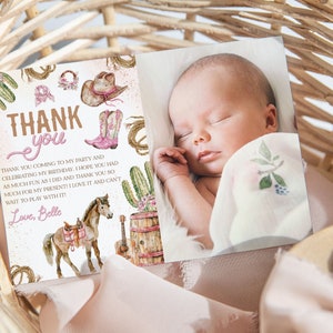 First Rodeo Birthday Thank You Card, Pink Western 1st Birthday Thank ...