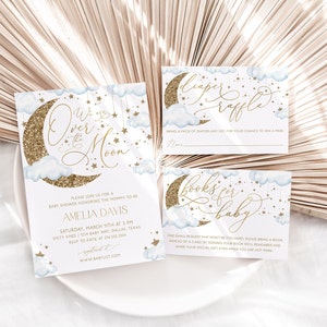 Over the Moon Baby Shower Invitation Bundle, Blue Gold Baby Shower Moon ...