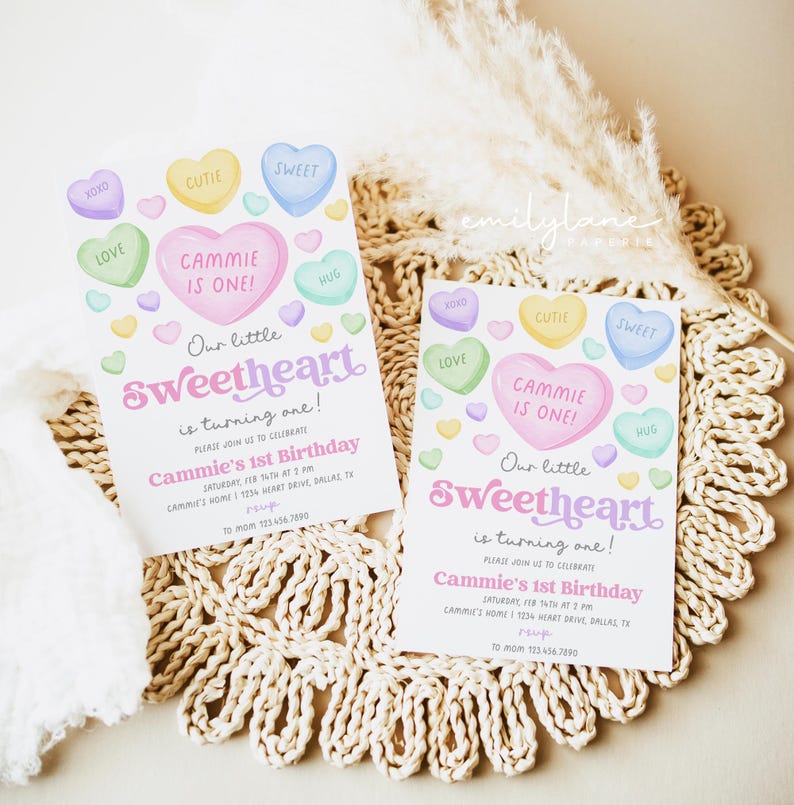 Sweetheart 1st Birthday Invitation Template, Valentine Candy Heart ...