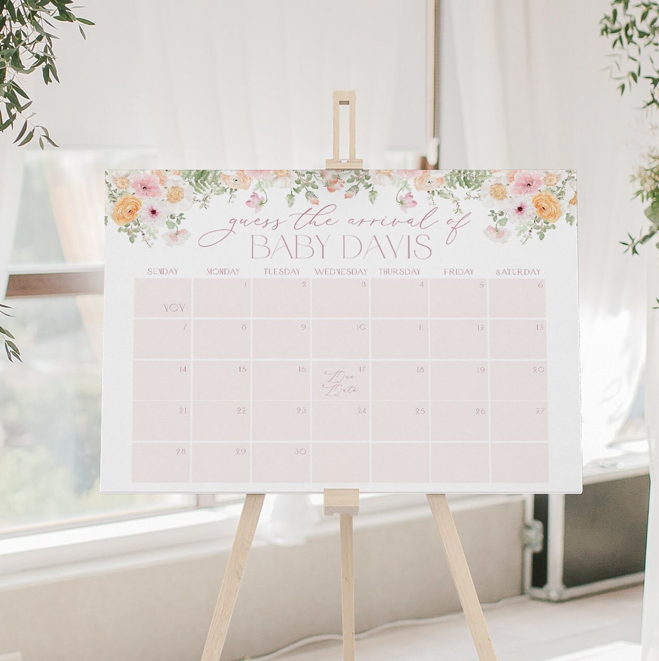 Floral Baby Shower Due Date Calendar, Birth Date Sign, Baby Arrival ...