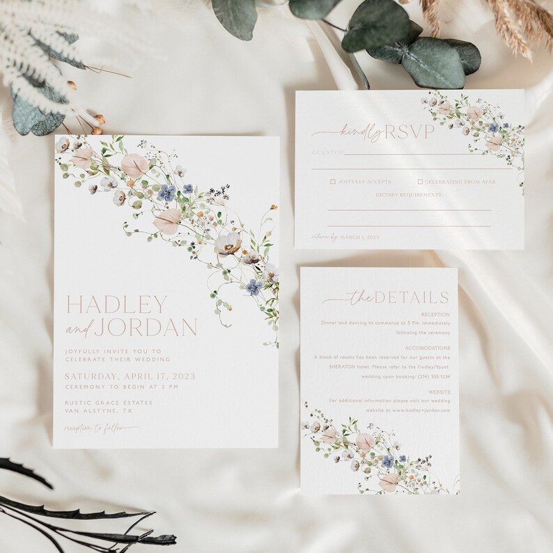 Wildflower Wedding Invitation Template Set Spring Floral | Etsy