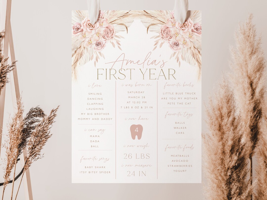 Boho 1st Birthday Milestone Sign Girl, Pink Boho Milestone Board ...