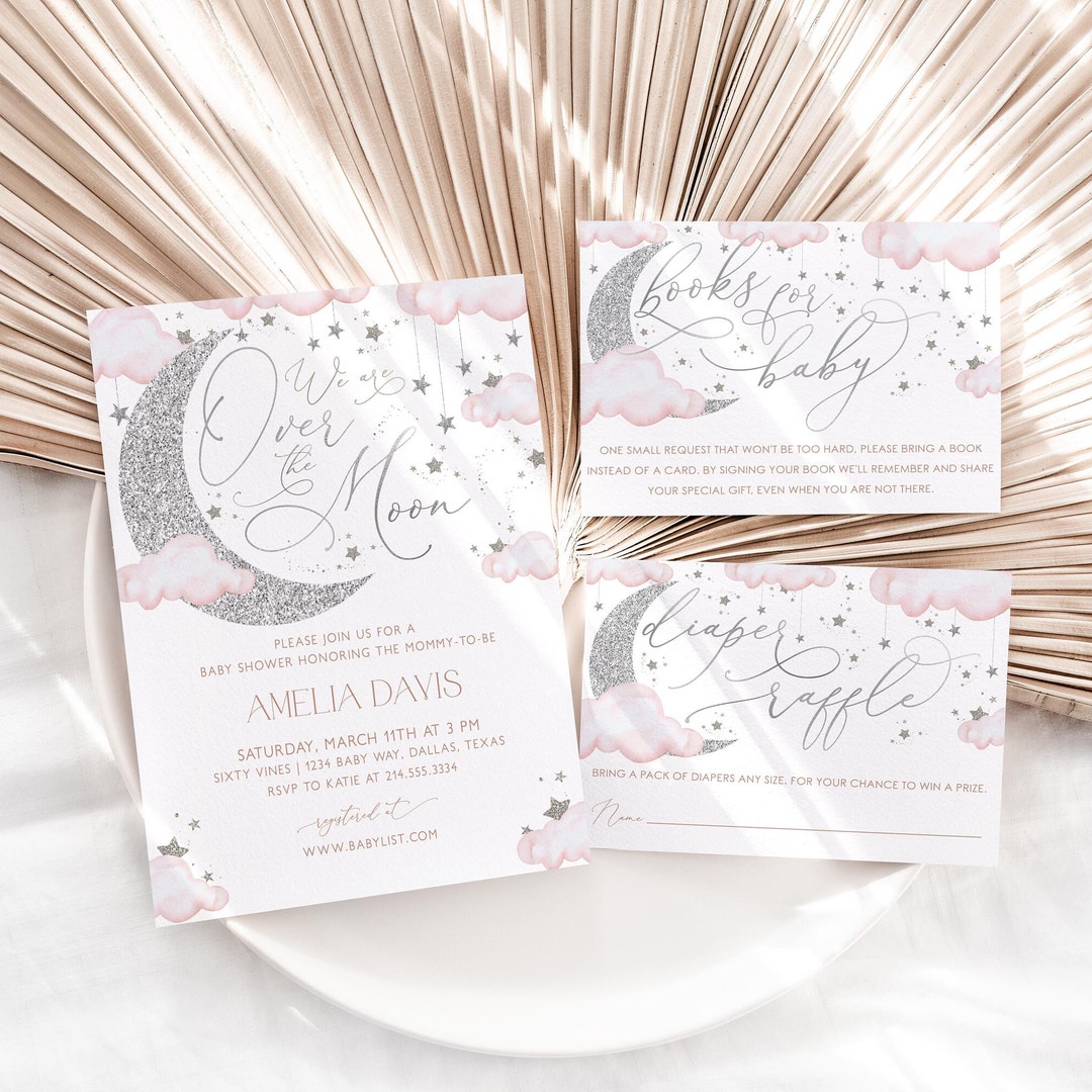 Over the Moon Invitation Set, Silver Moon Stars Baby Shower Invitation ...