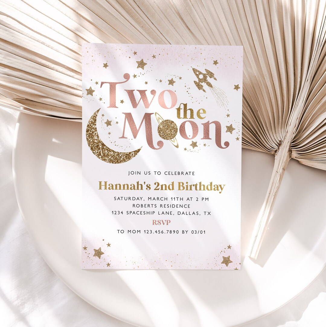 Two the Moon Birthday Invitation Girl, Outer Space Birthday, Space ...