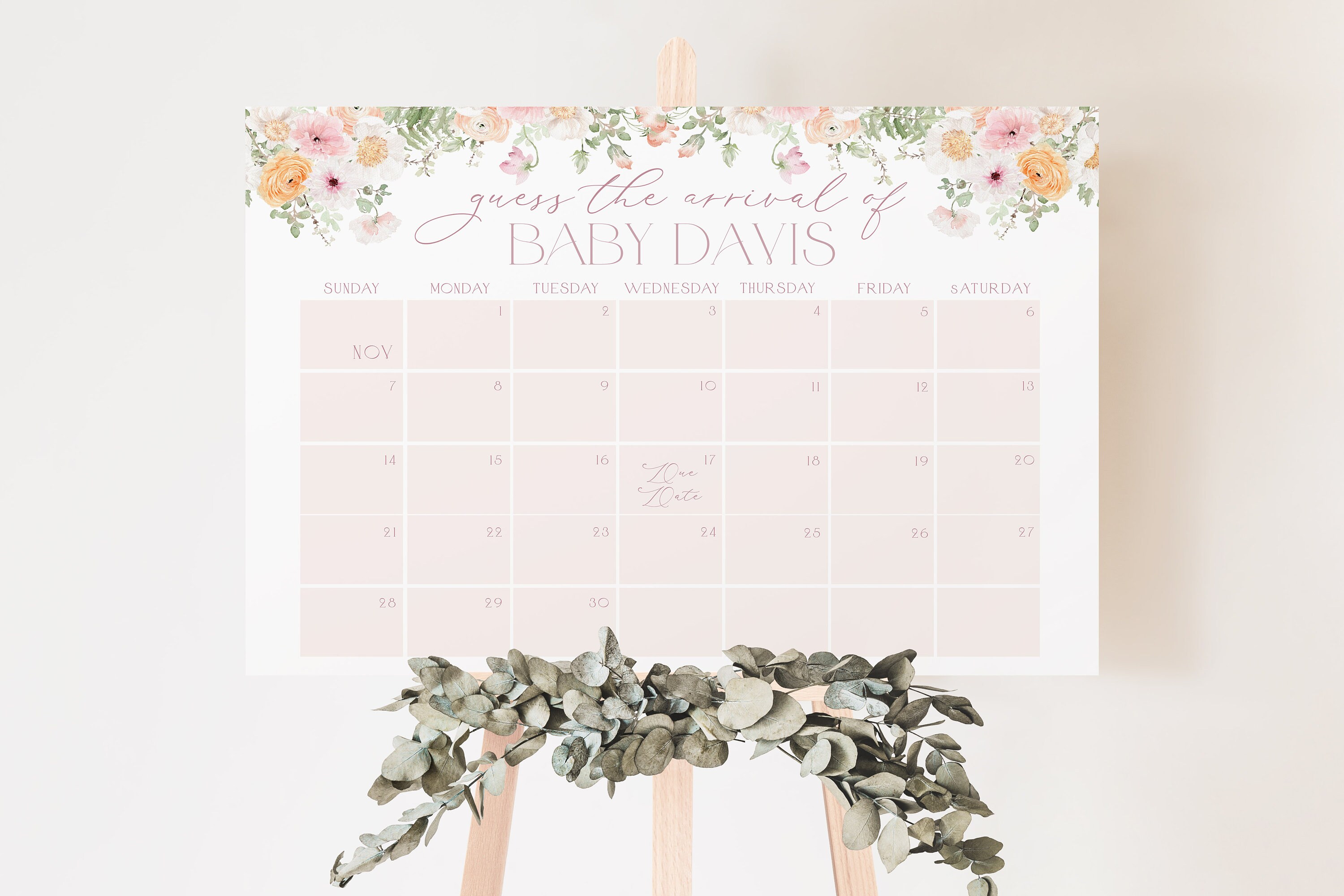 Floral Baby Shower Due Date Calendar, Birth Date Sign, Baby Arrival ...
