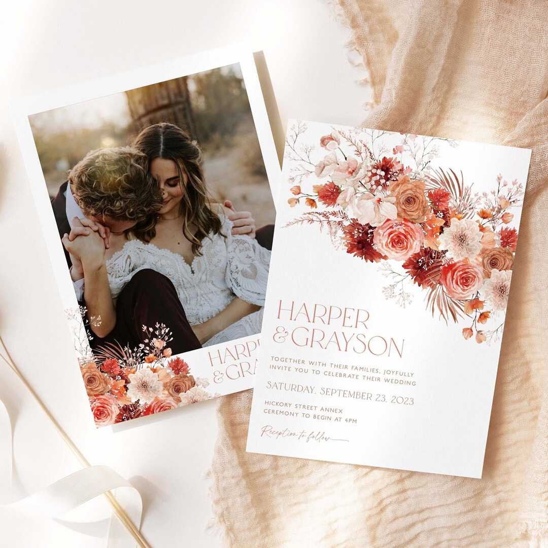 Boho Fall Wedding Invitation Template, Boho Floral Wedding Invitation ...