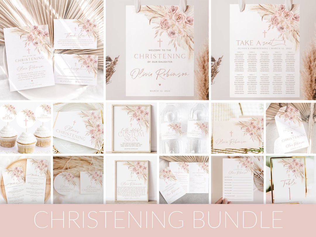 Christening Invitation Bundle, Baptism Invitation Bundle, Pink Boho ...