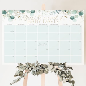 Greenery Baby Shower Due Date Calendar, Baby Birth Date Sign, Guess the ...