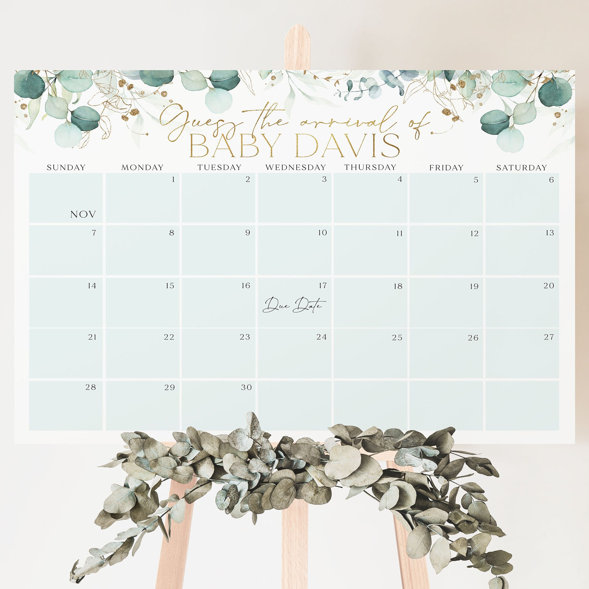 Greenery Baby Shower Due Date Calendar, Baby Birth Date Sign, Guess the ...