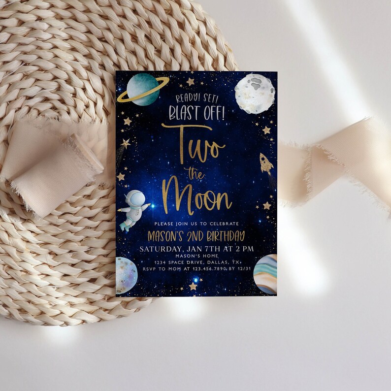 Two the Moon Birthday Invitation Boy Outer Space Birthday - Etsy