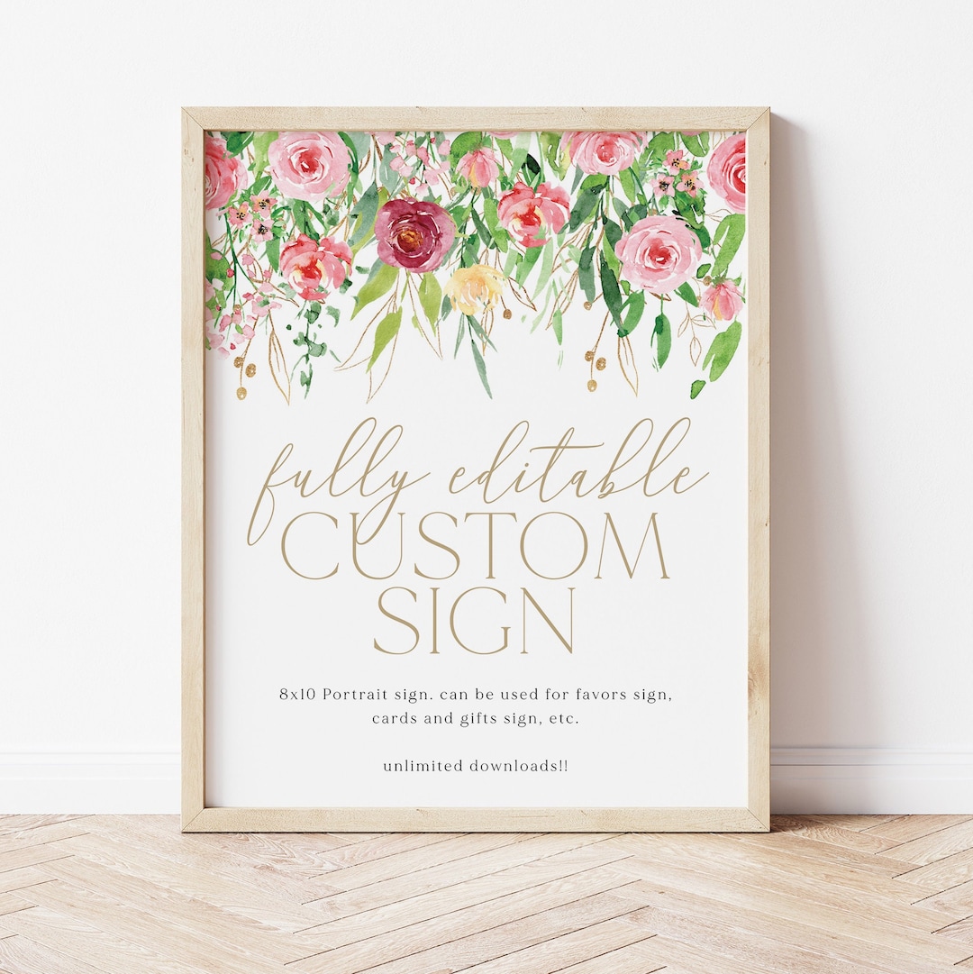 Pink Floral Editable Custom Sign, Floral Custom Sign, Pink Bridal ...