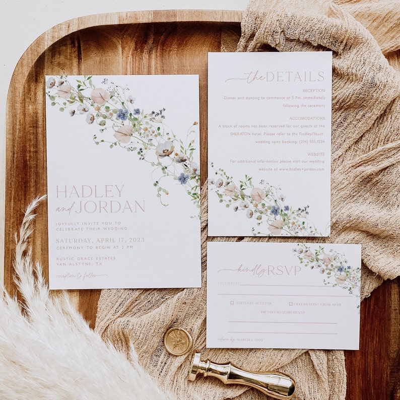 Wildflower Wedding Invitation Template Set Spring Floral | Etsy