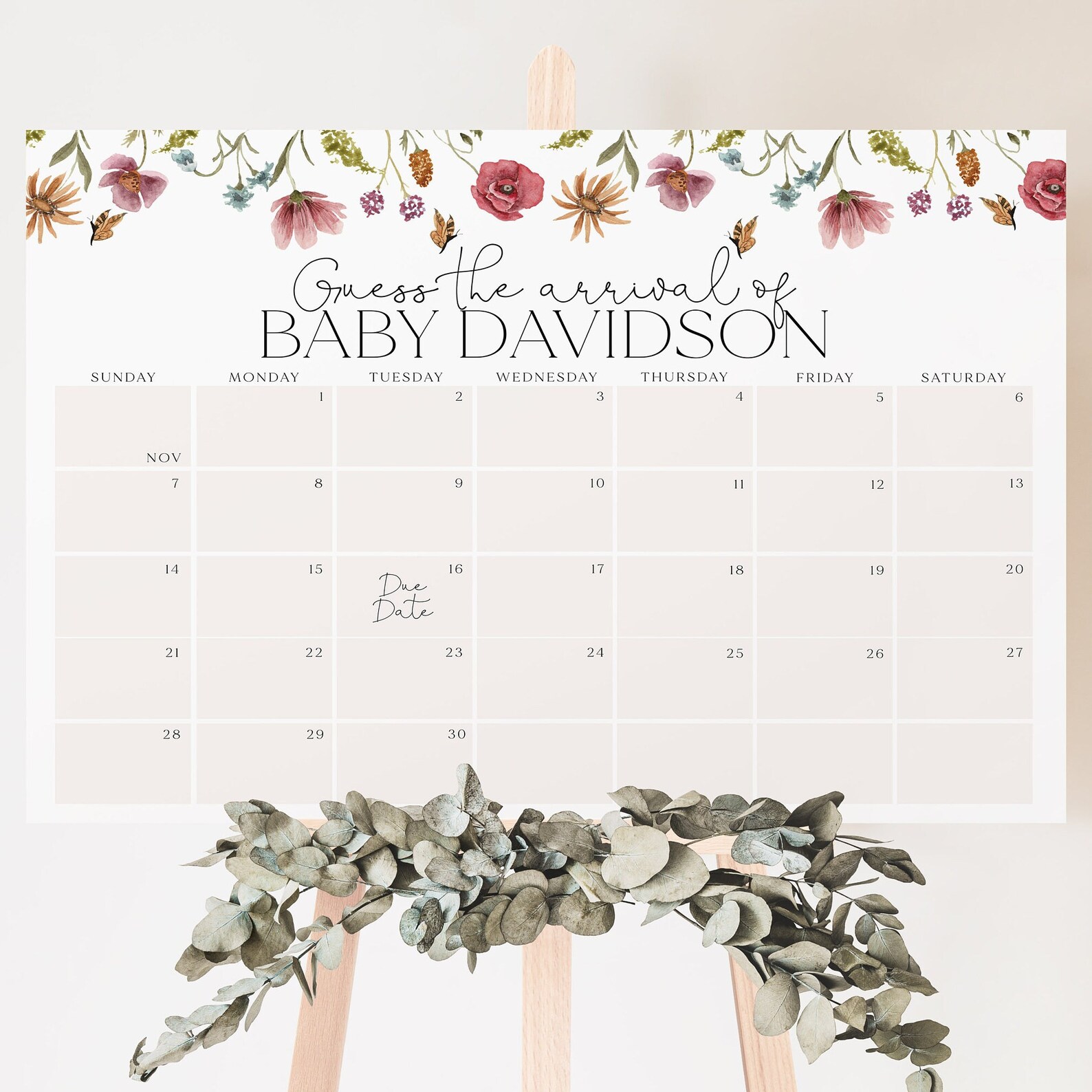 Wildflower Baby Shower Due Date Calendar, Girl Baby Birth Date Sign ...