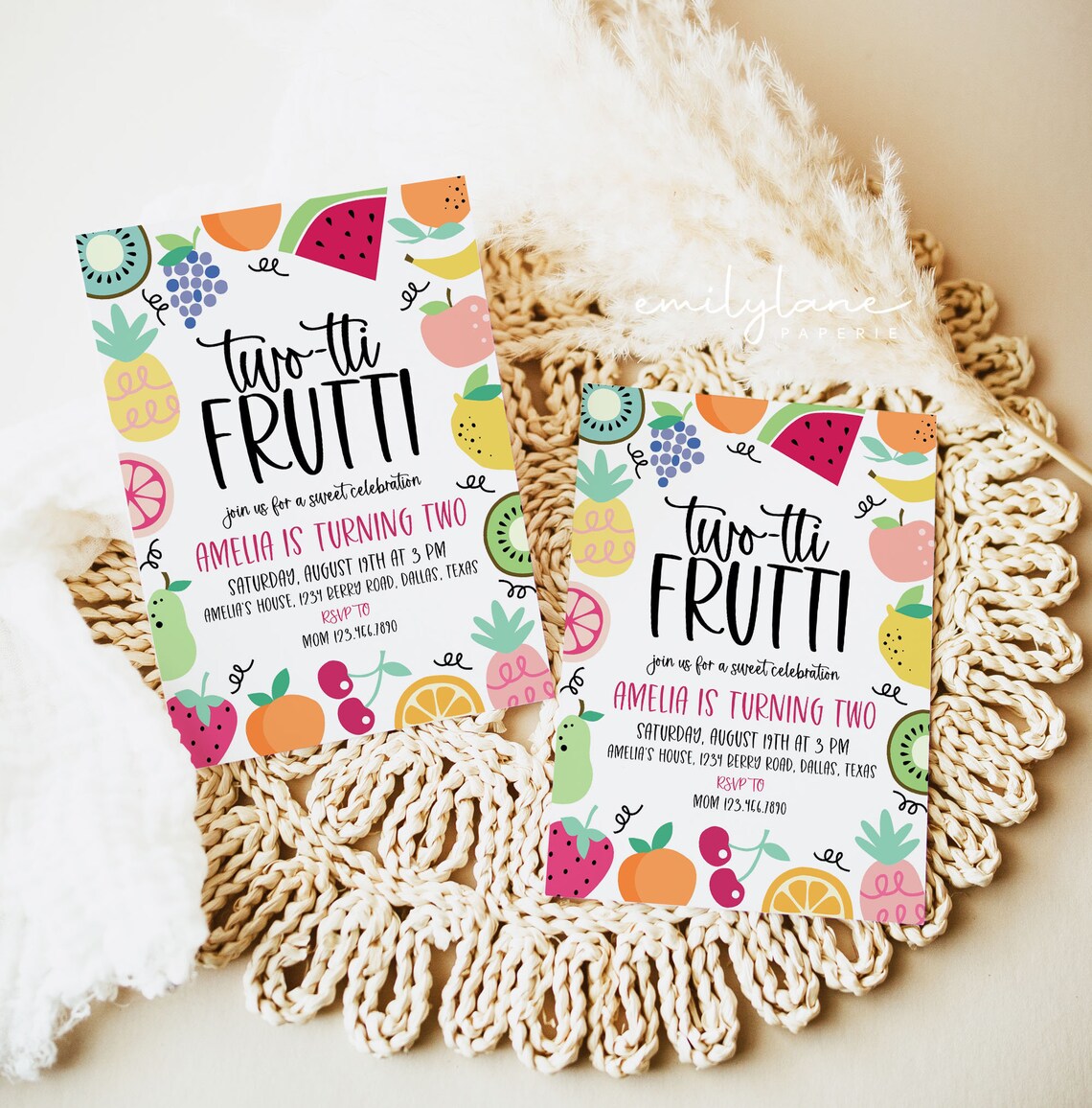 Two Tii Frutti 2nd Birthday Invitation, Girl 2nd Birthday Fruit Invite ...