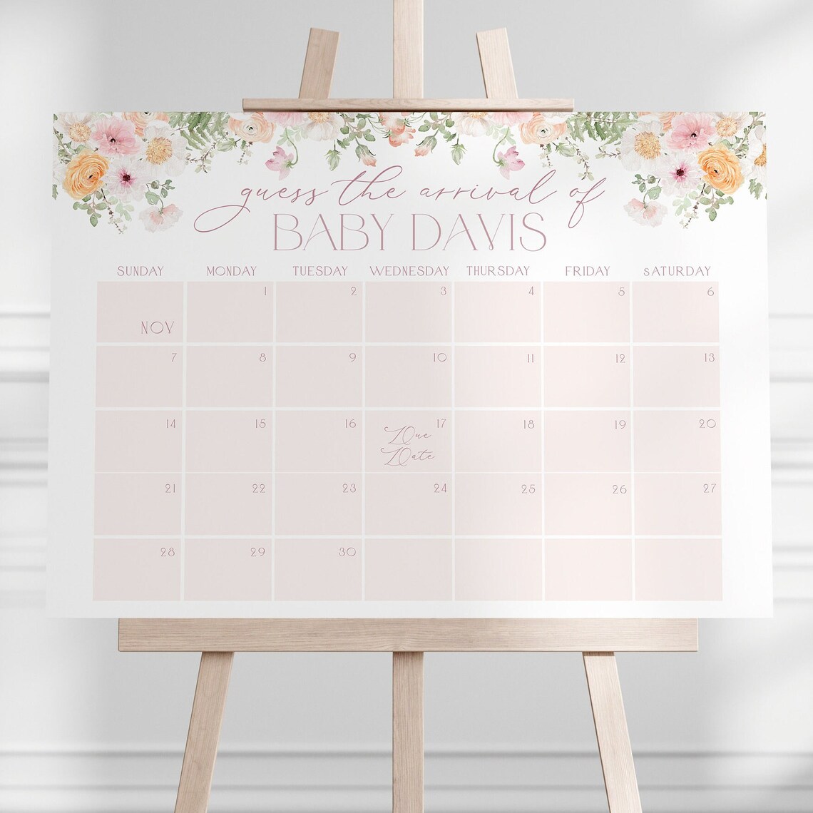 Floral Baby Shower Due Date Calendar, Birth Date Sign, Baby Arrival ...