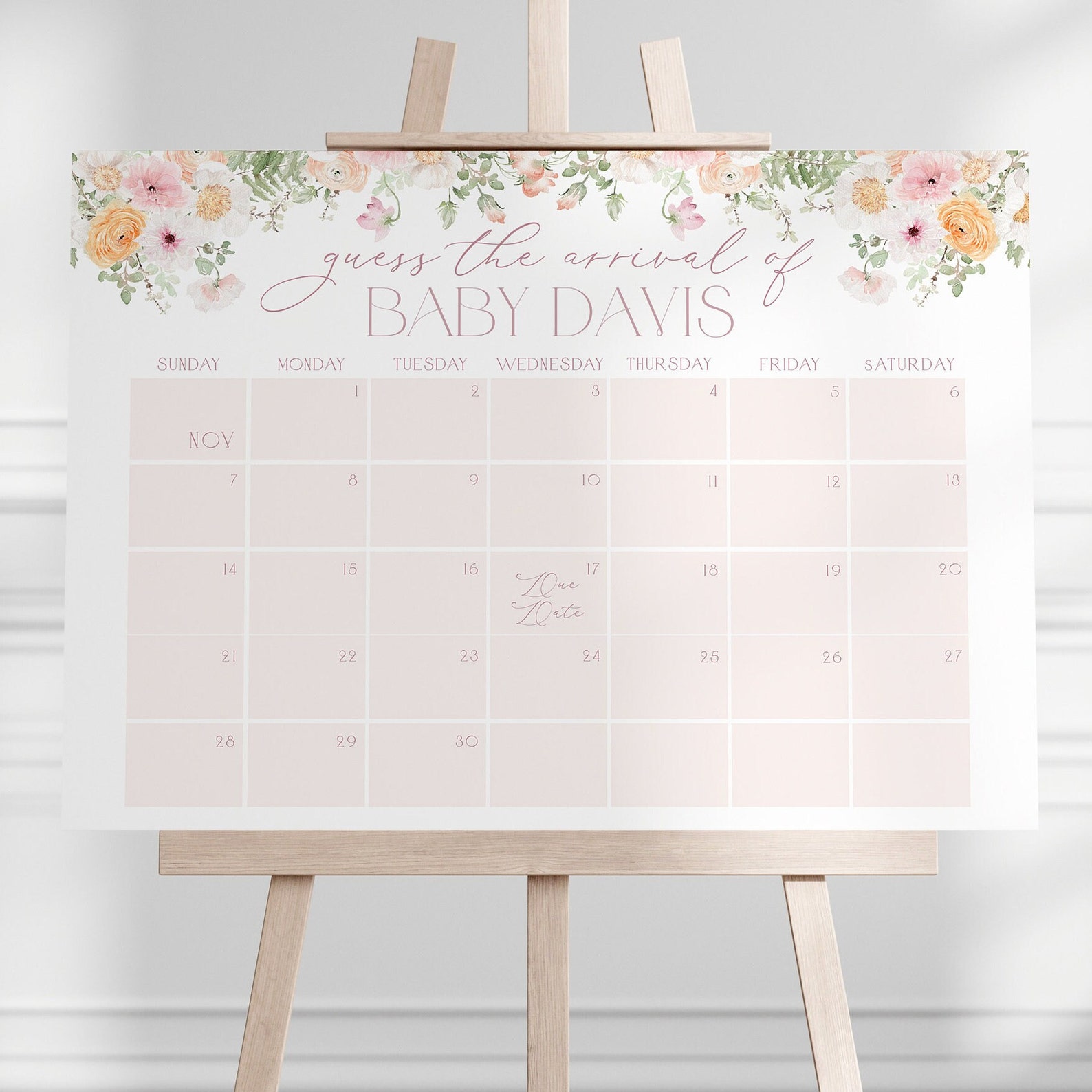 Floral Baby Shower Due Date Calendar, Birth Date Sign, Baby Arrival ...