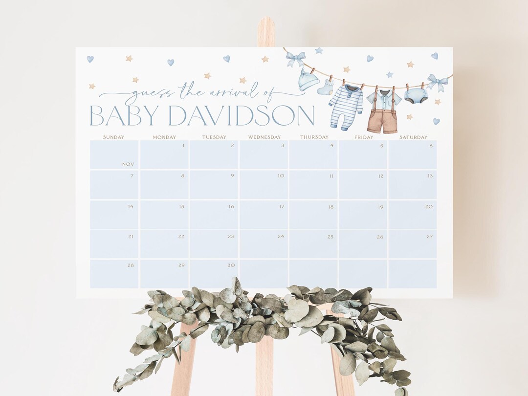 Baby Shower Due Date Calendar, Boy Baby Birth Date Sign, Blue Baby ...