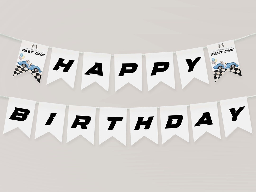 Fast One Happy Birthday Banner, Blue Race Car Happy 1st Birthday Banner ...