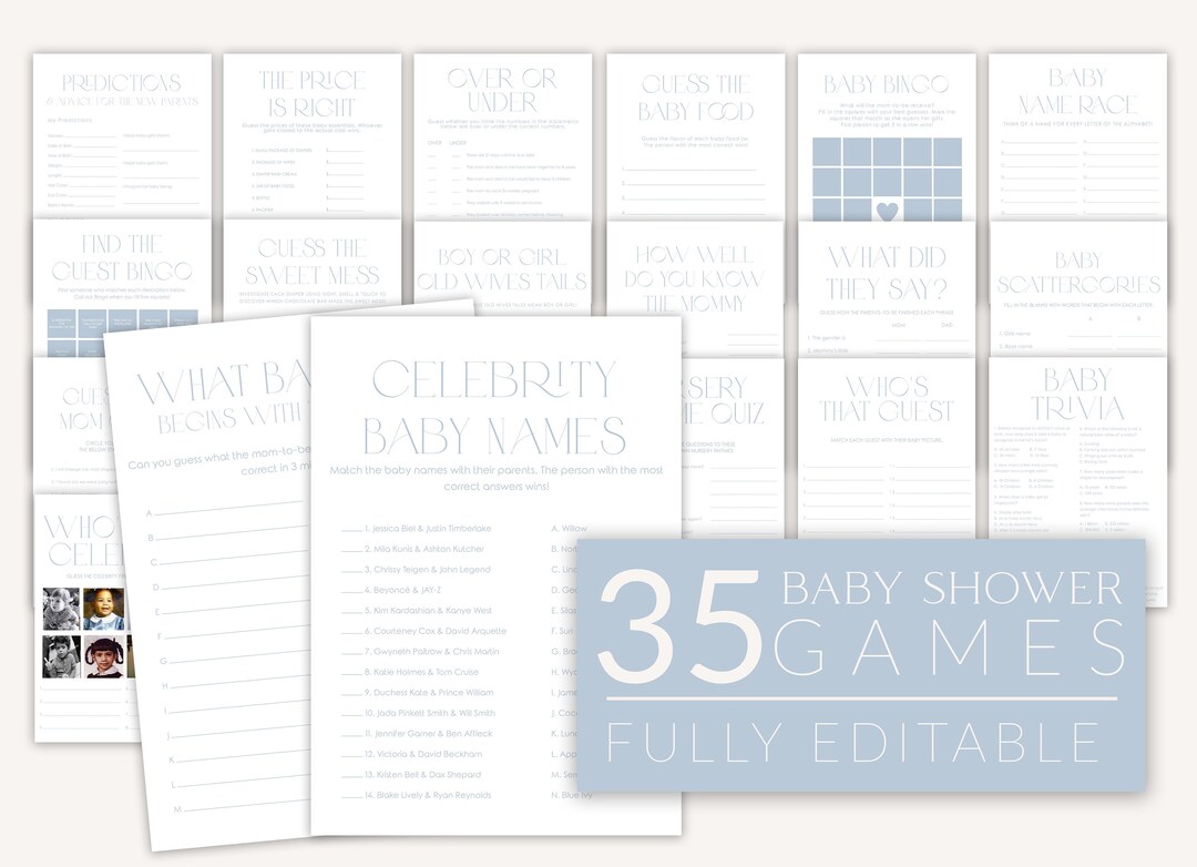 Blue Baby Shower Games, Minimal Baby Shower Editable Games, Printable ...