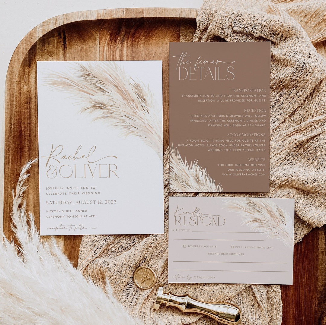 Boho Wedding Invitation Template Set, Boho Pampas Grass Wedding ...