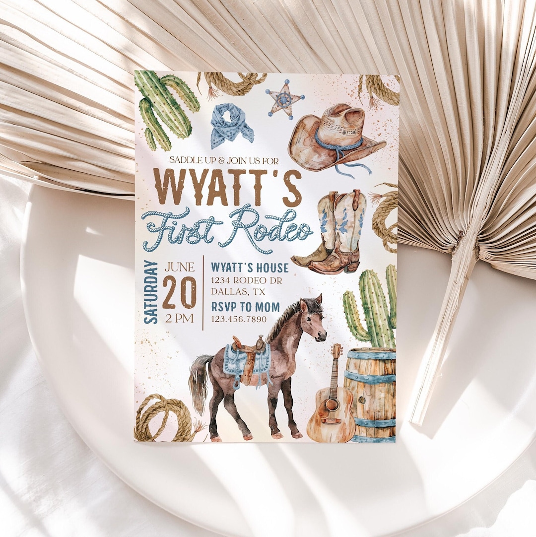 First Rodeo Birthday Invitation Boy, Blue 1st Rodeo Birthday Invite ...