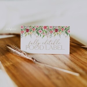 Pink Floral Food Labels, Pink Bridal Shower Food Label Card, Floral ...