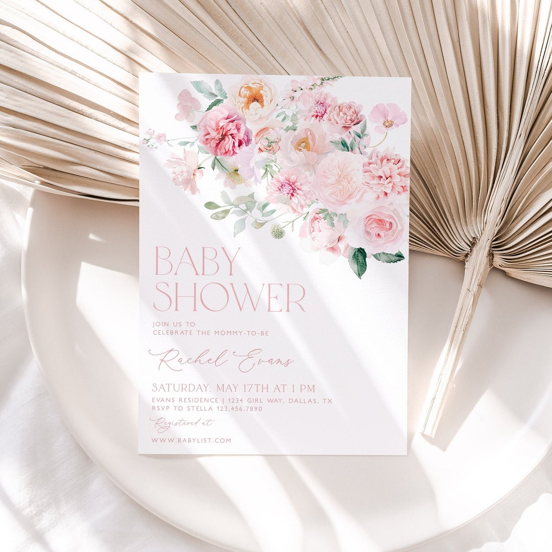 Baby Shower Invitation, Pink Floral Baby Shower Invitation, Pink Flower ...