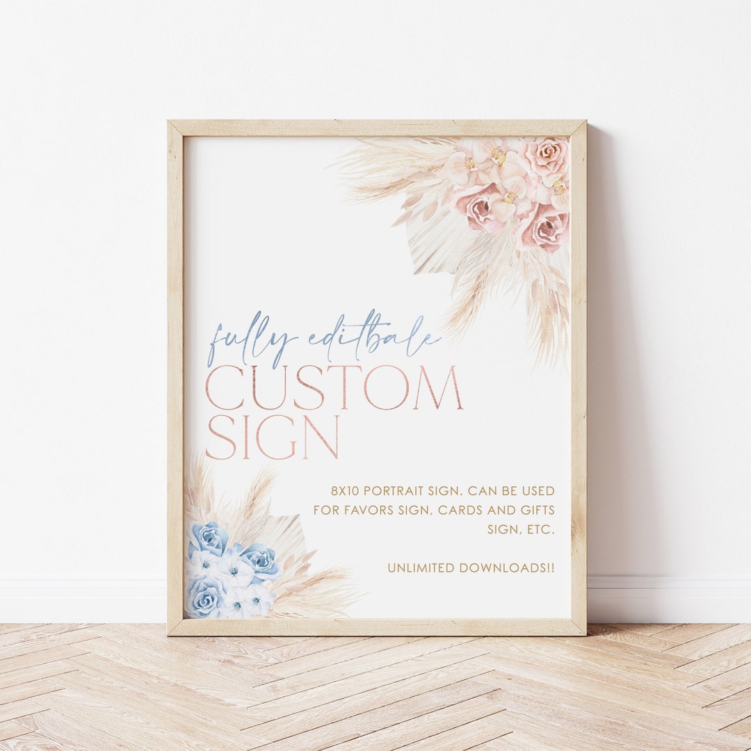 Pink Boho Editable Custom Sign, Blue Boho Custom Sign, Pampas Grass ...
