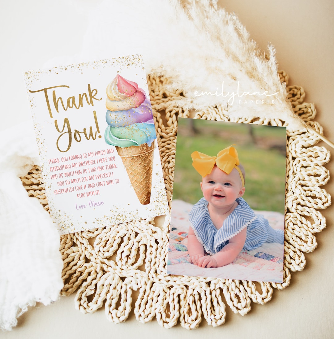 Rainbow Ice Cream Birthday Thank You Card, Ice Cream Thank You, Here's ...
