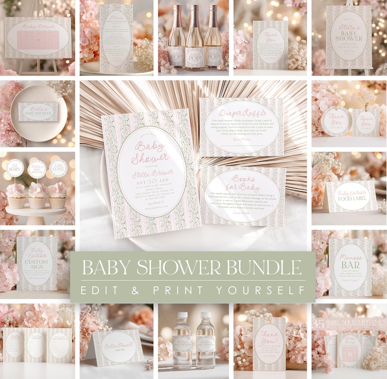 Floral Baby Shower Invitation Bundle, Vintage Pink Decorations, Canva ...