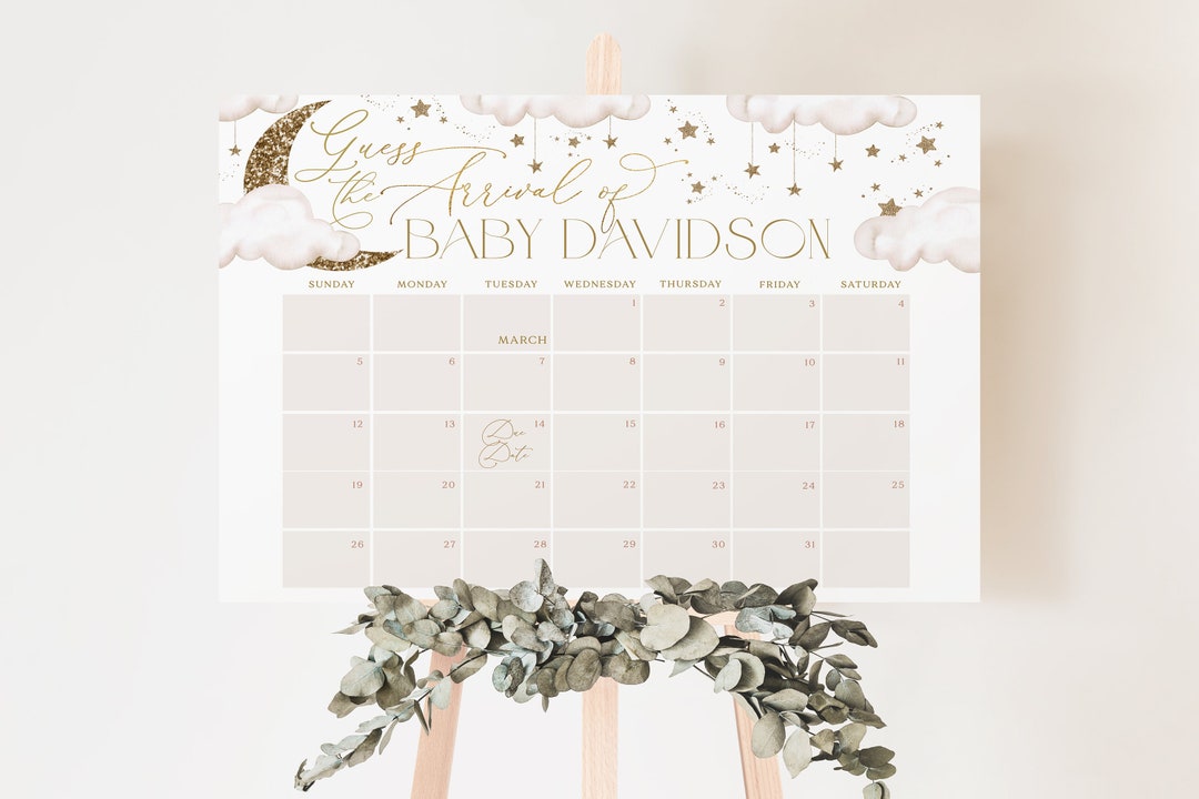 Twinkle Twinkle Star Baby Shower Due Date Calendar, Gold Over the Moon ...