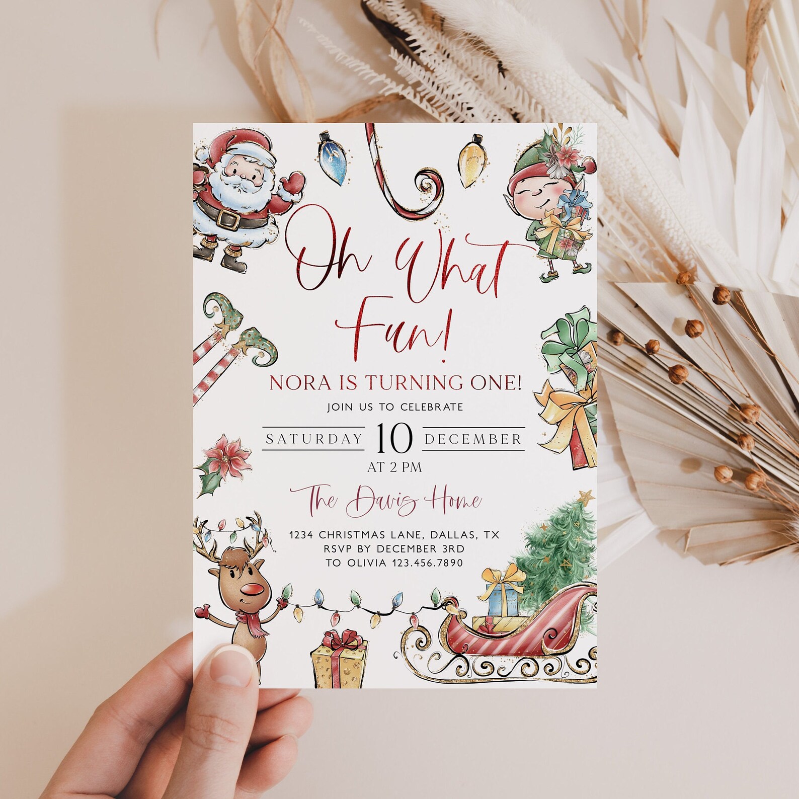 Christmas 1st Birthday Invitation, Oh What Fun Birthday Invitation ...