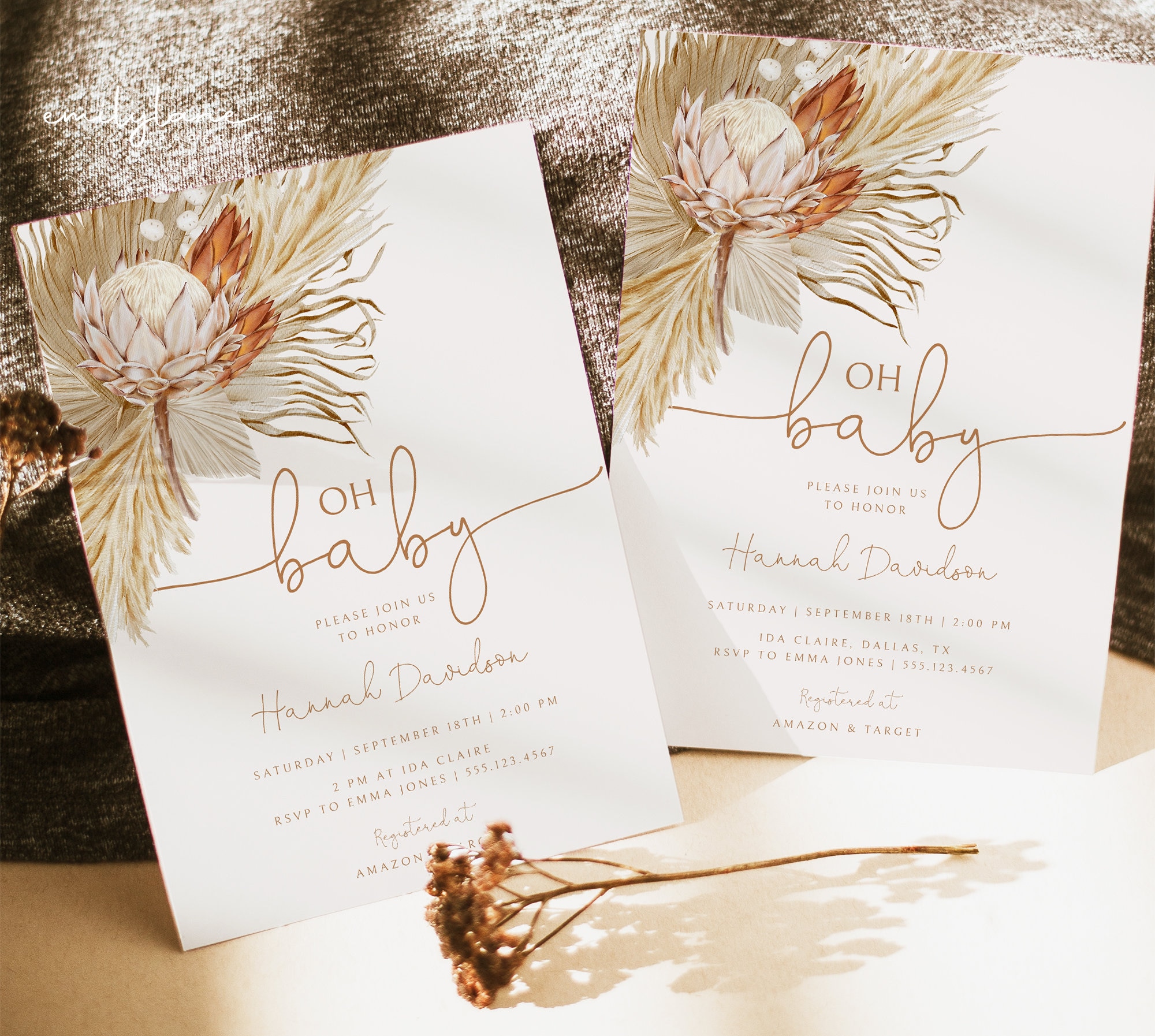 Boho Shower Pampas Grass Bohemian Baby Shower Invitation Baby Shower ...