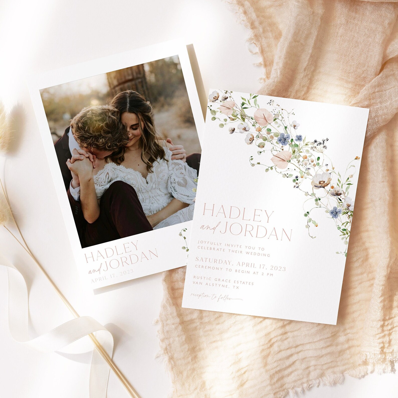 Wildflower Wedding Invitation Template Set Spring Floral | Etsy