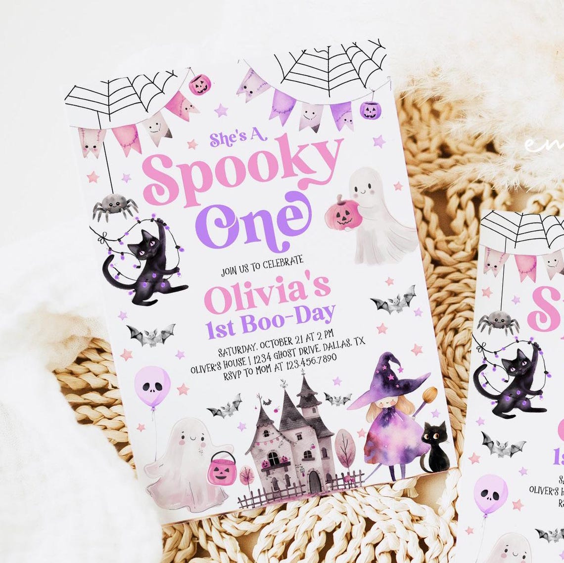 Spooky One 1st Birthday Invitation, Pink Purple Halloween Invitation ...