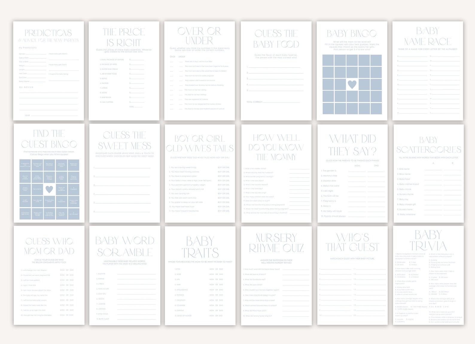 Blue Baby Shower Games Minimal Baby Shower Editable Games - Etsy