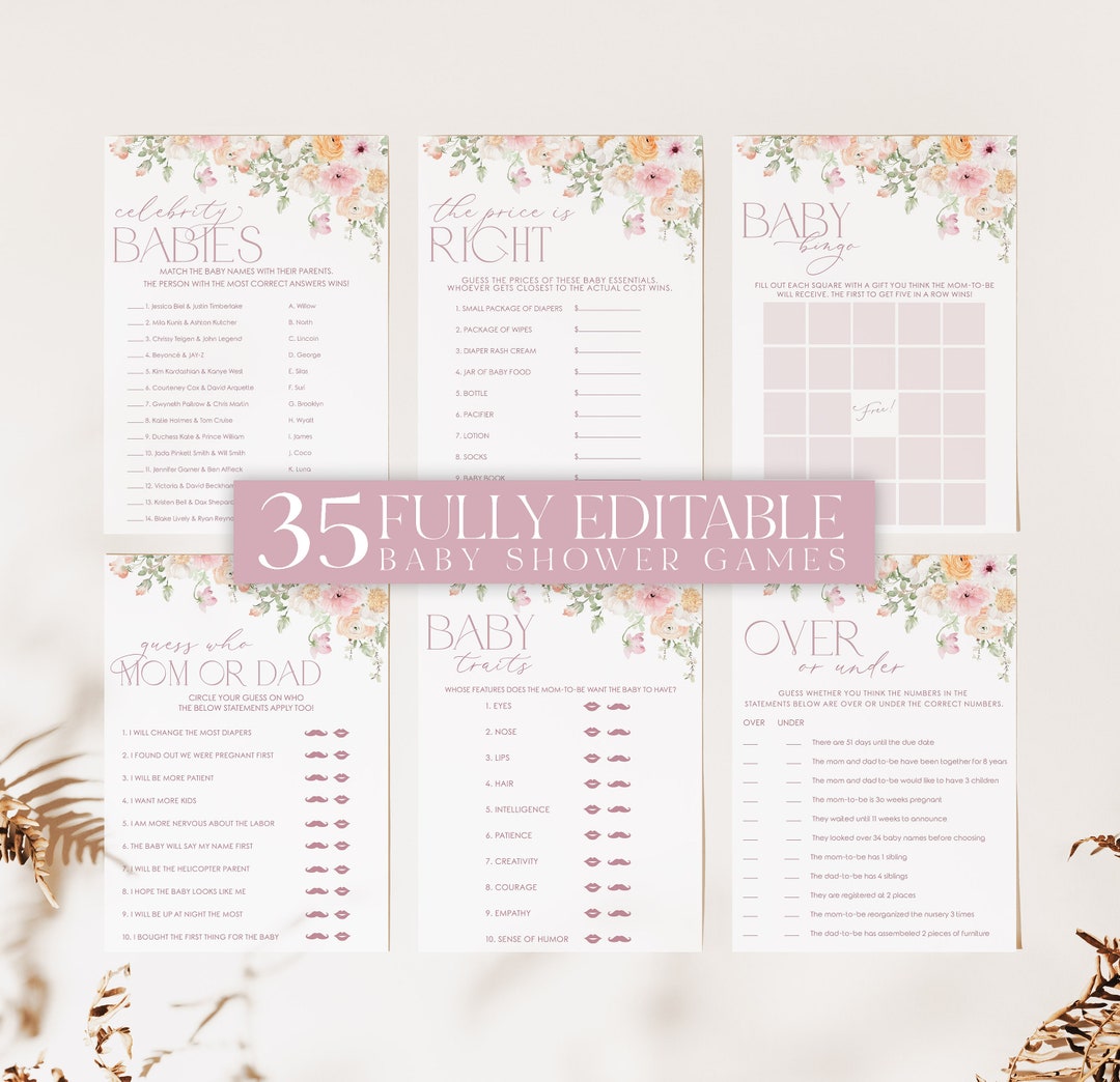 Baby Shower Games Girl, Floral Baby Shower Editable Games, Printable ...