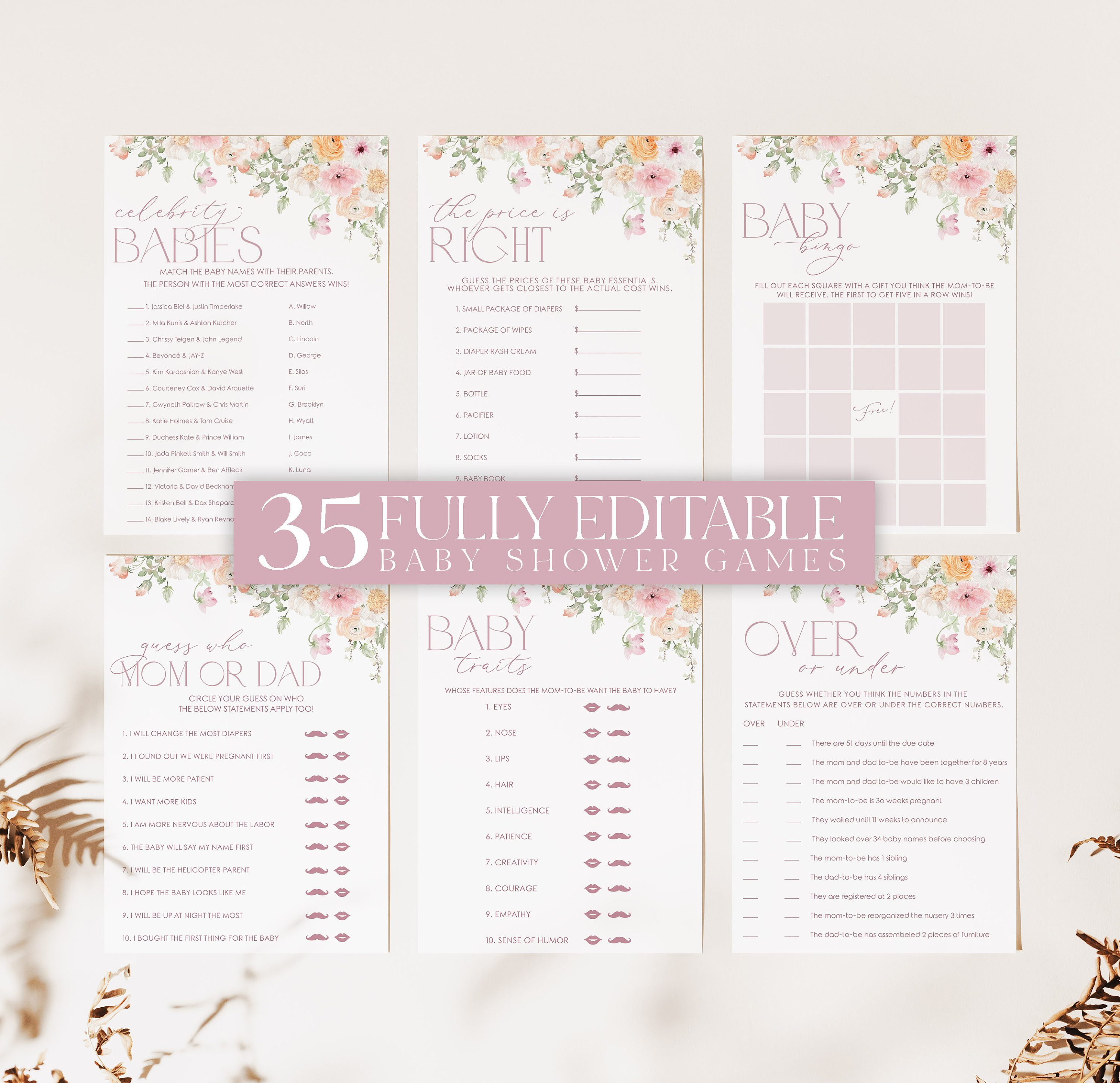 Baby Shower Games Girl, Floral Baby Shower Editable Games, Printable ...