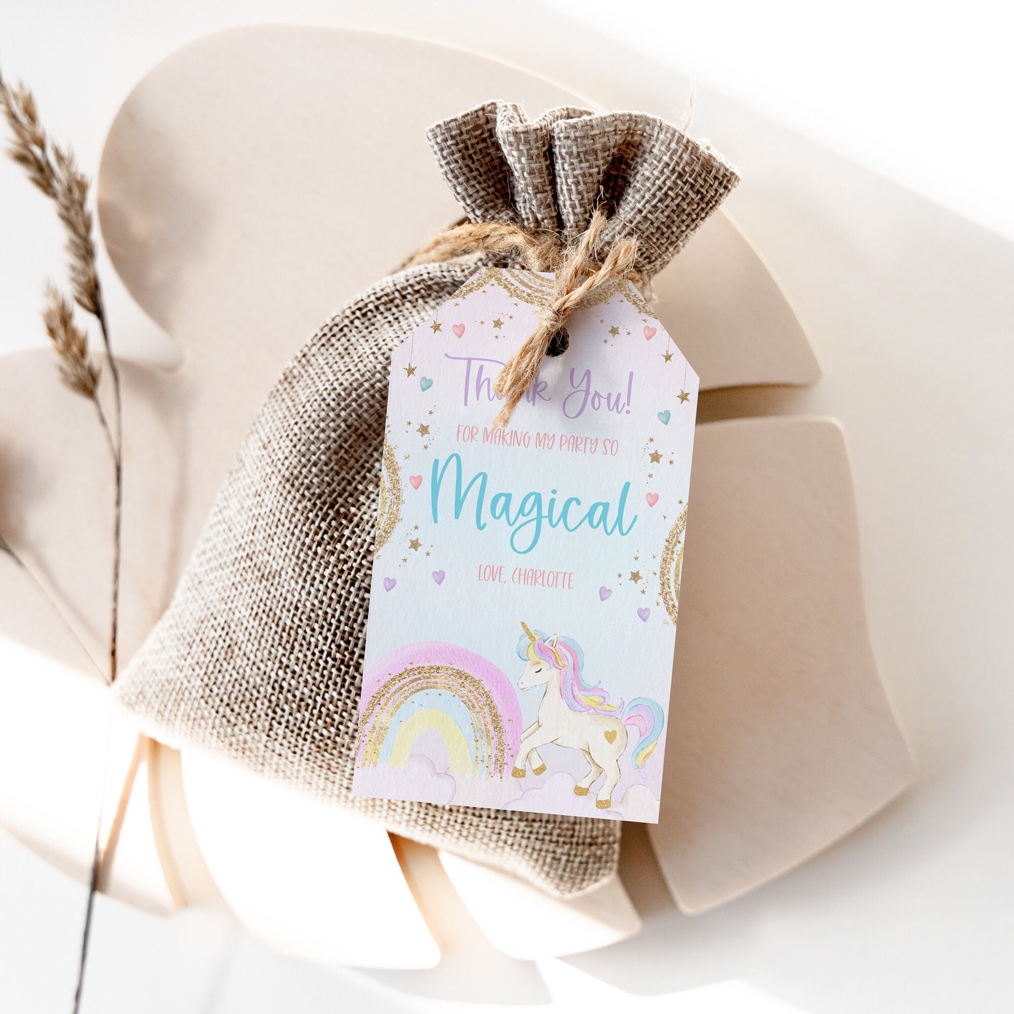 Unicorn Birthday Favor Tag, Pastel Unicorn and Rainbows Thank You Tag ...