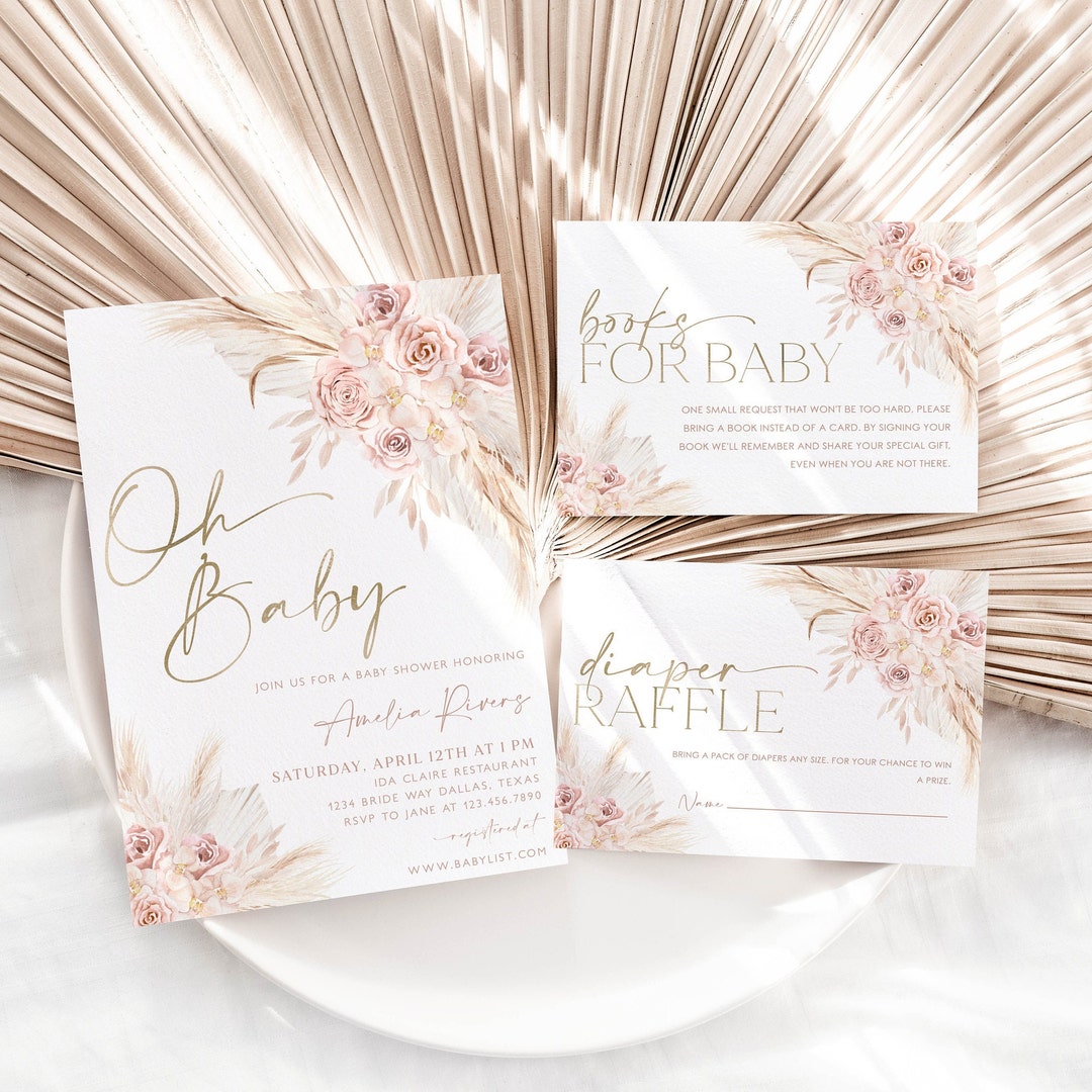 Pink Boho Baby Shower Invitation Set, Oh Baby Invite, Girl Baby Shower ...