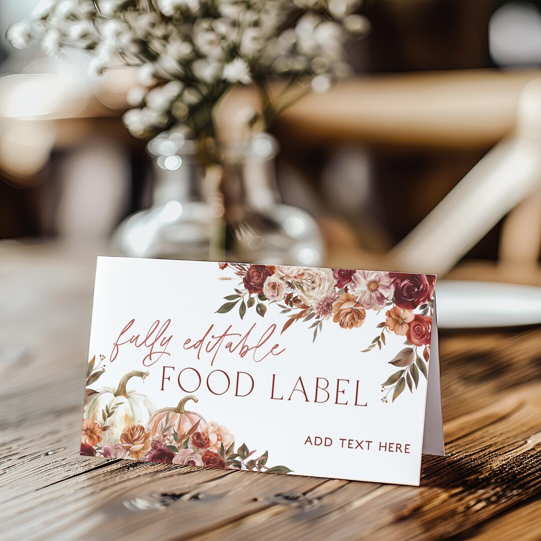 Fall Floral Food Label, Pumpkin Fall Bridal Shower Food Label Card, Floral Bridal Shower Food ...
