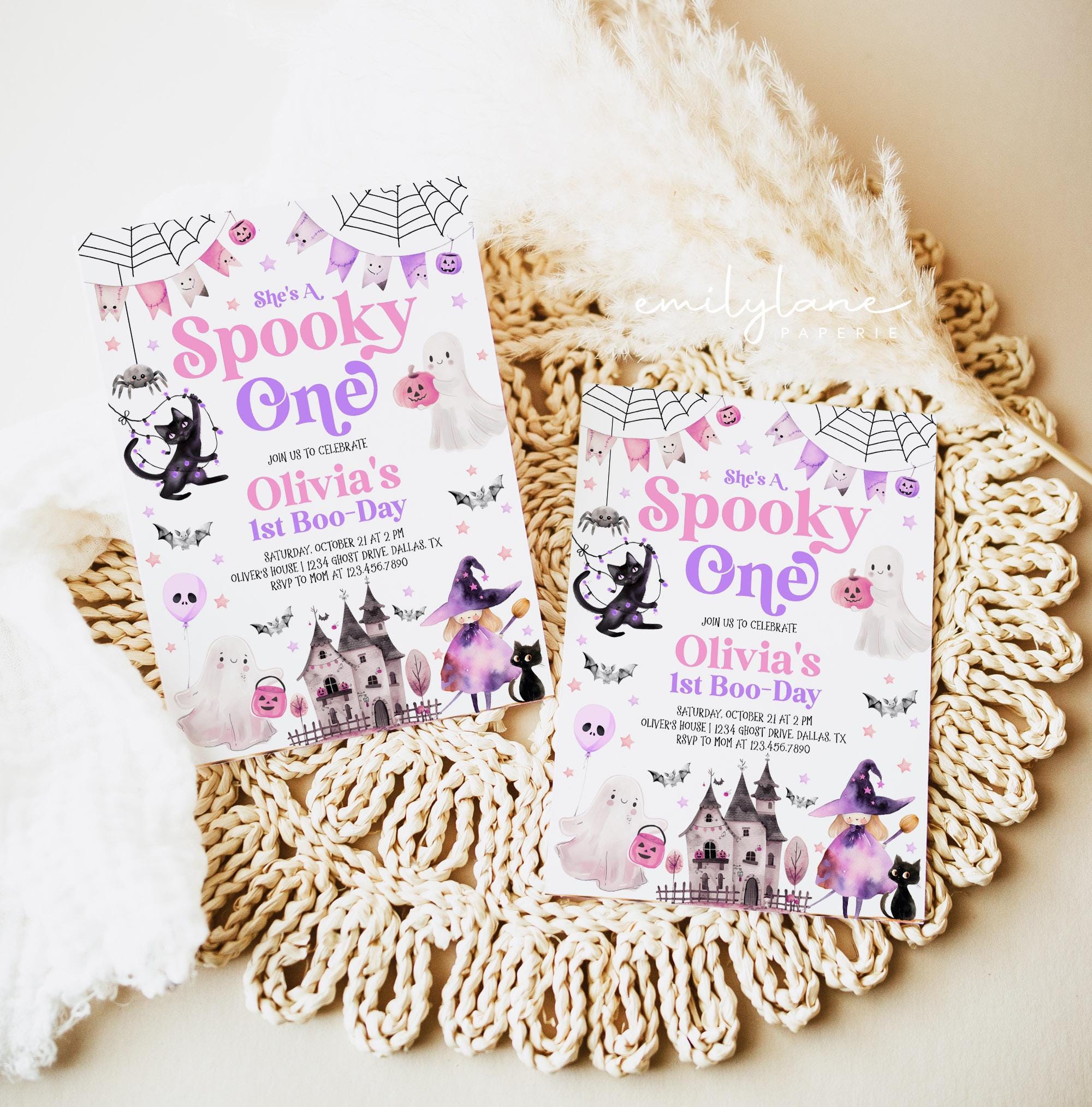 Spooky One 1st Birthday Invitation, Pink Purple Halloween Invitation ...