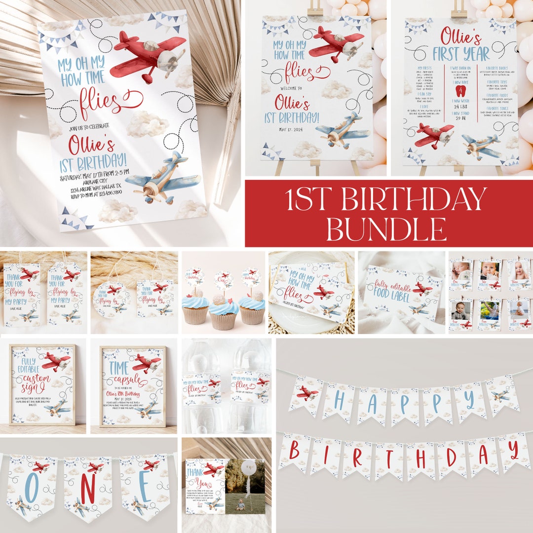Airplane 1st Birthday Invitation Bundle, Time Flies 1st Birthday Invite ...
