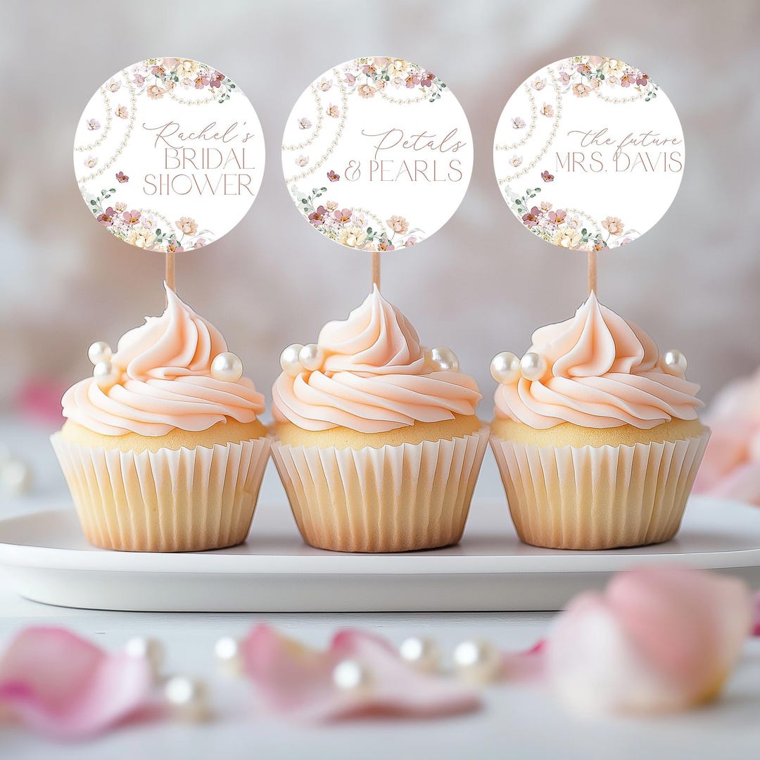 Petals and Pearls Bridal Shower Cupcake Toppers, Floral Bridal Shower ...